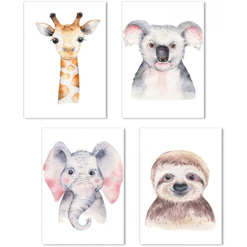 Lot de 4 Affiches posters Enfant Jungle Safari - Stickers Muraux Enfant